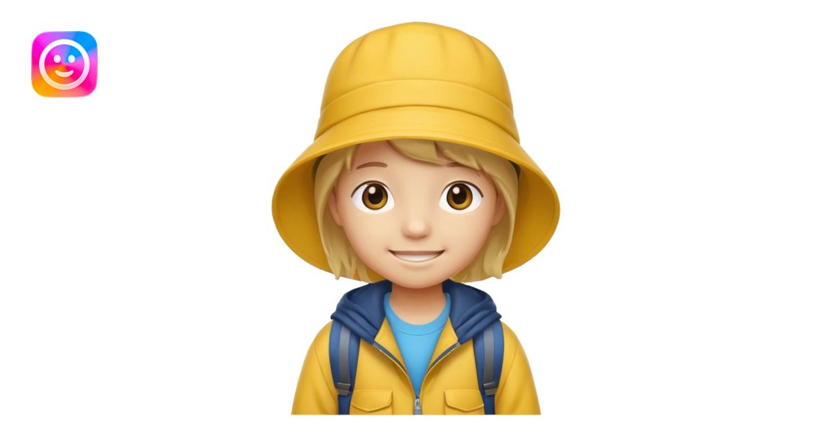Little student wears yellow bucket hat and jacket, backpack, happ emoji ...