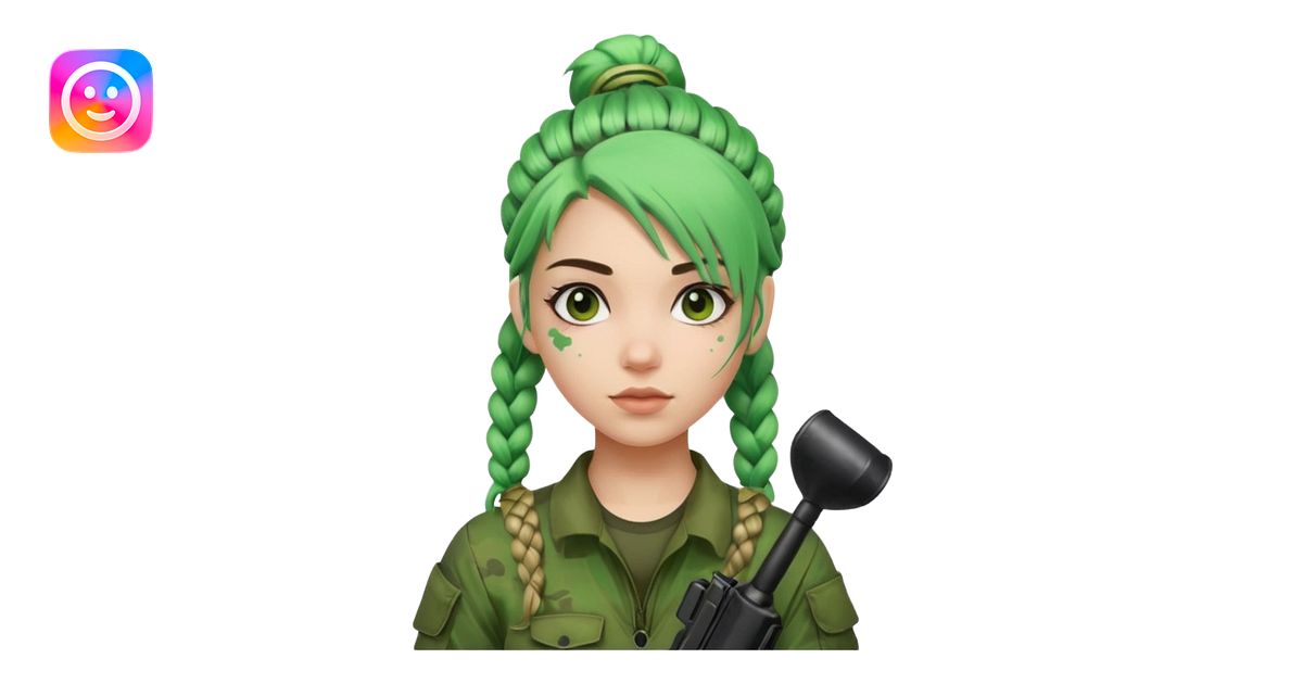 paintball player face girl braided green hair emoji | AI Emoji Generator
