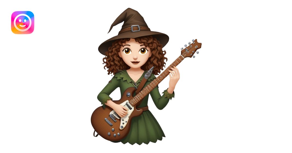 Brown eyes, brown hair curly forest witch playing electric guitar emoji ...