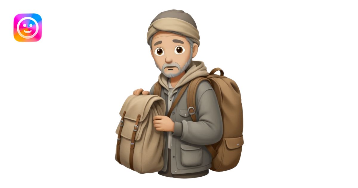 A homeless man wrapped in an old blanket, holding a backpack filled ...