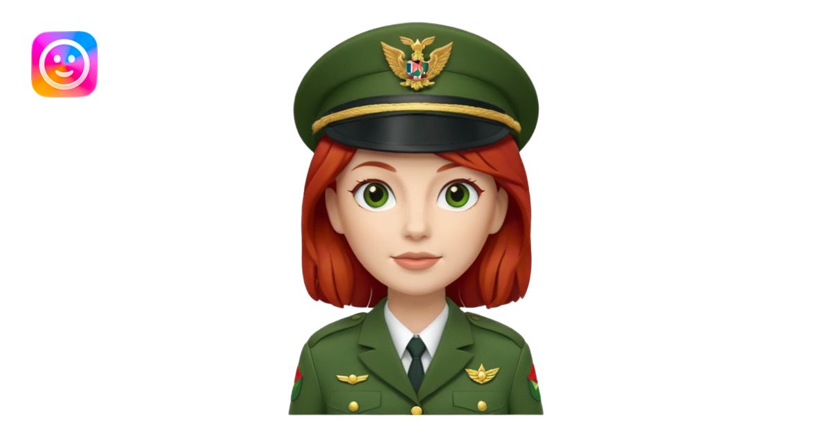 iOS Memoji style, white woman, red hair, green military officer uniform ...
