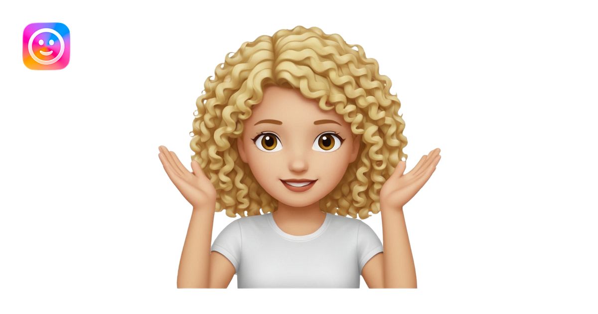Not guilty hands up smirk girl curly blonde haie emoji | AI Emoji Generator