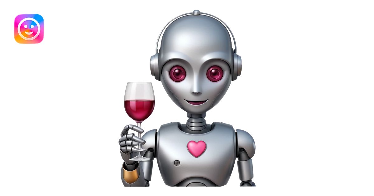 Un robot elegante con vino en la mano y una sonrisa tímida y unos ojos ...