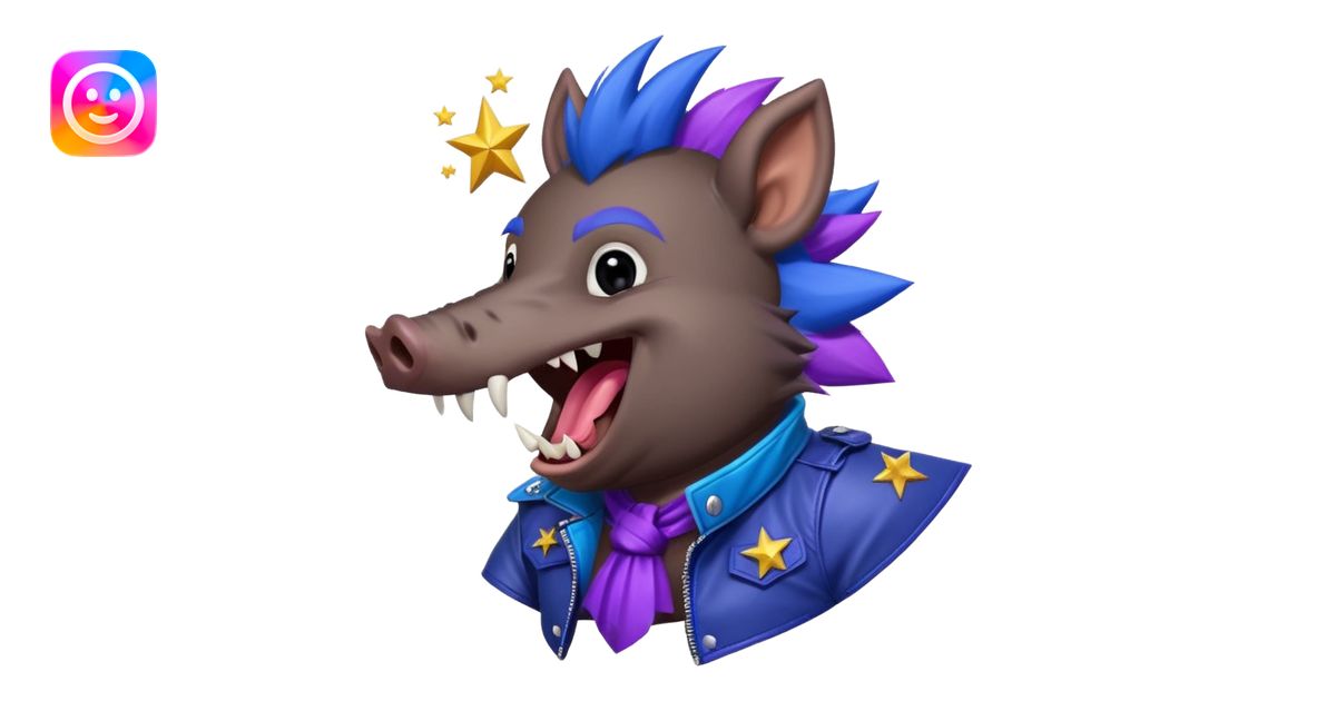 Sticker,A wild boar laughing loudly with a dark blue mohawk with purple ...