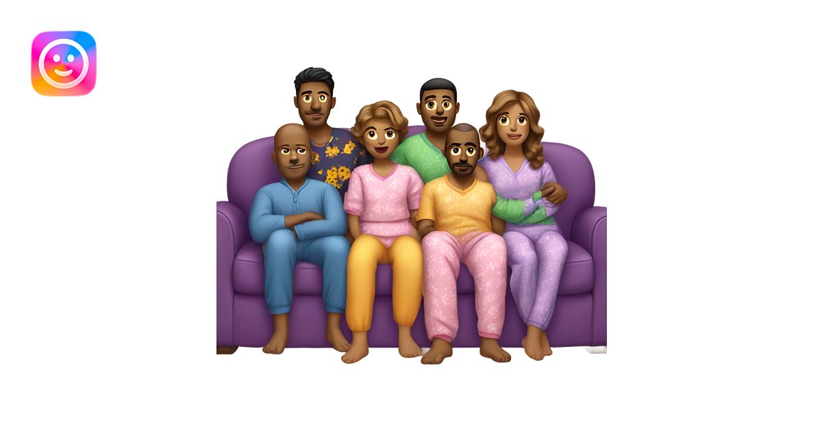 Six people in matching pajamas on couch emoji | AI Emoji Generator