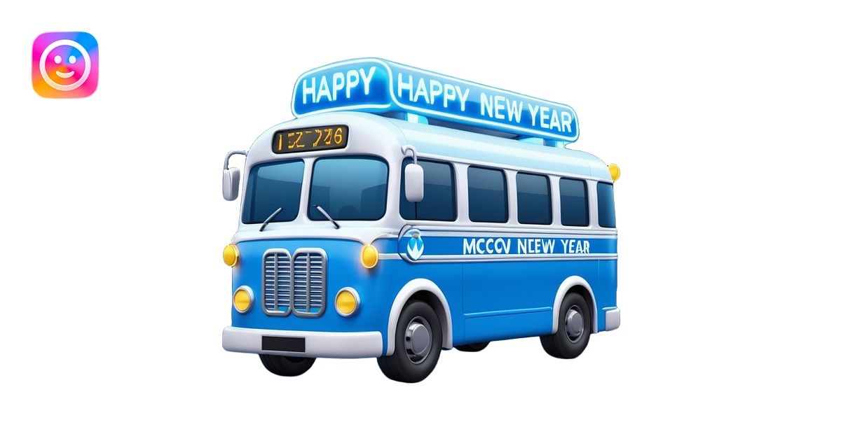 3D emoji of a modern blue Moscow Electrobus decorated with glowing neon ...