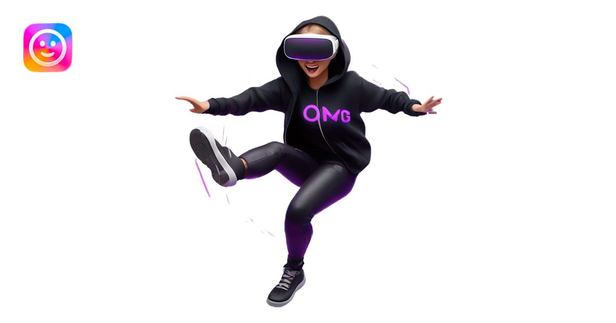 Russian girl wearing black hoody with violet letters "OMG", in vr ...