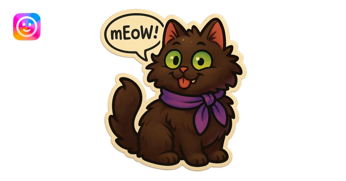 Fluffy cute derpy silly smiling happy dark-brown cat with green eyes ...
