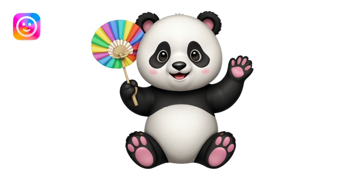 A panda waving a painted fan joyfully, cheeks puffed in excitement ...