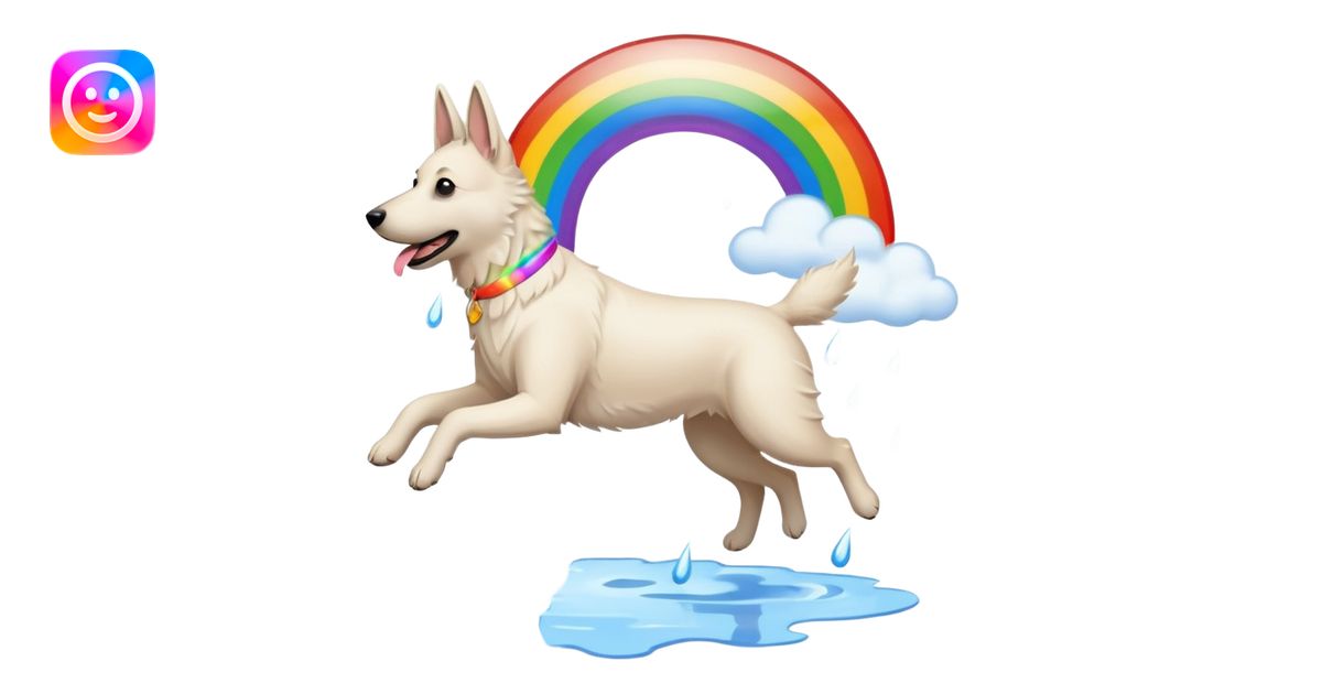 White belgian Shepard jumping over Rain puddles. There is a rainbow in ...