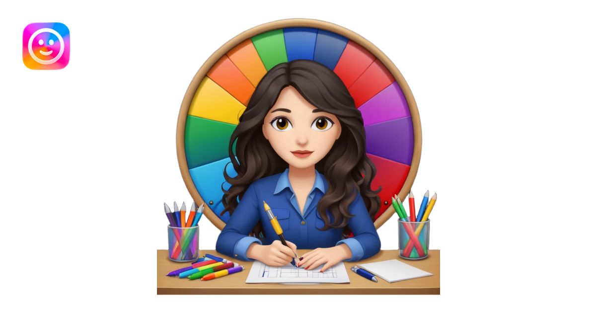 female dark wavy long hair graphic designer , big color wheel behind ...