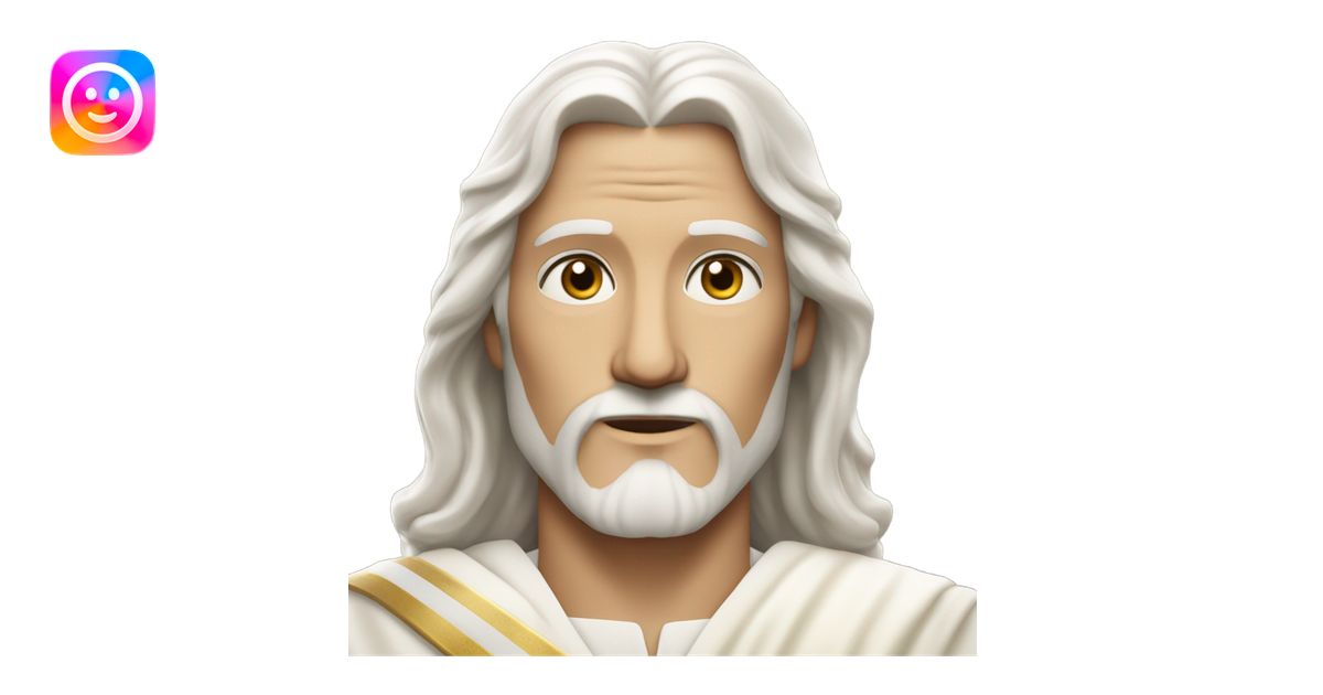 Close up Jesus headshot white hair white beard white robe and golden ...