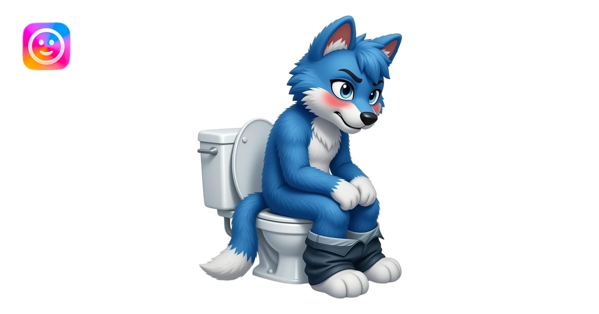 blue fursuit sitting on toilet, side view, pants down, straining red ...