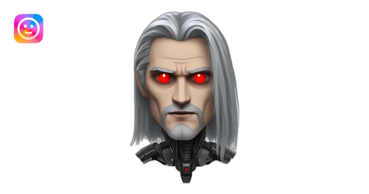 T800 robot witcher long hair red eye emoji | AI Emoji Generator