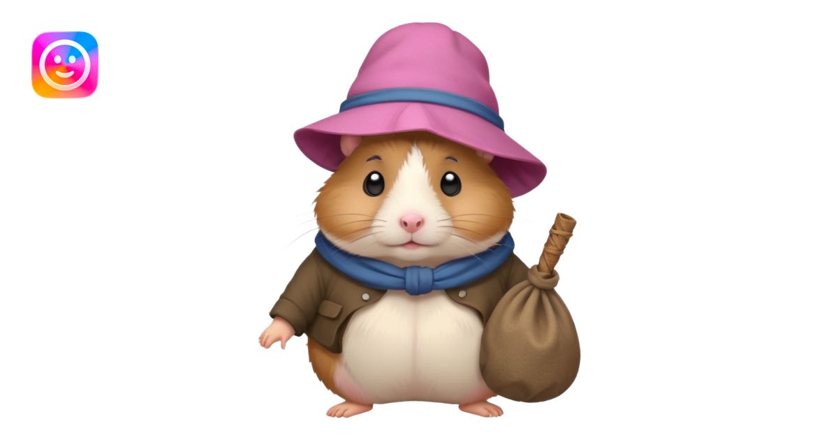 Cute fat cartoon-style hamster hobo carrying a bindle over its shoulder with a melancholy ...