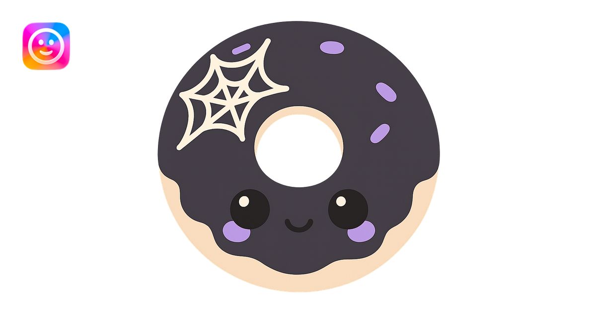 kawaii style gothic donut, happy face, black icing with spiderweb ...