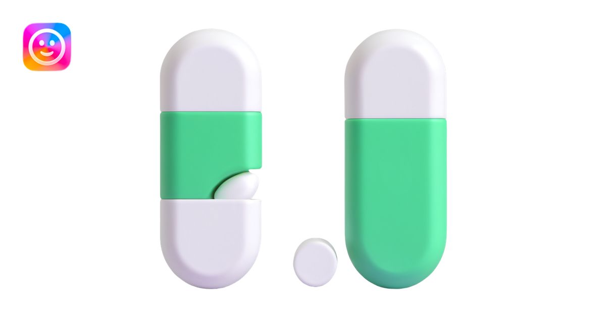 a capsule-shaped pill, split evenly with one half white and the other ...