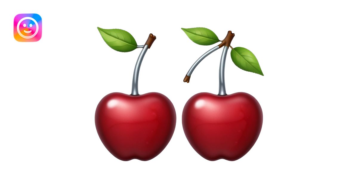 A pair of cherries emoji made of liquid silver chrome, smooth rounded ...