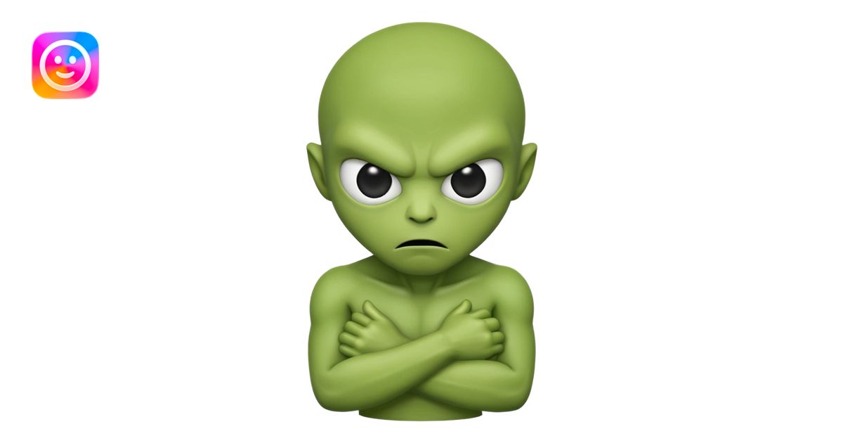 An emoji-style alien face with an angry expression, green skin, large ...