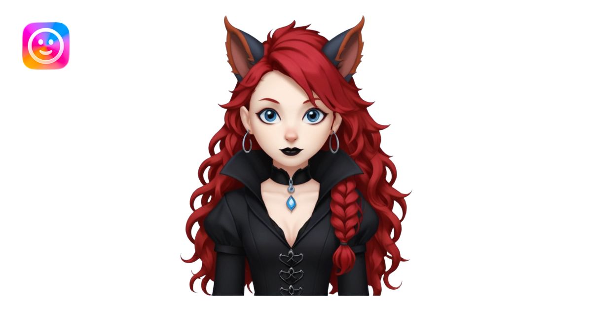long curly red hair (darker), red pointed ears with black trim, black ...