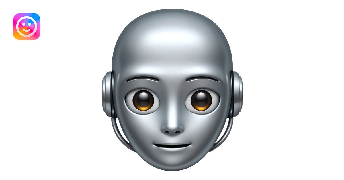 A cute futuristic robot emoji made of silver chrome, rounded friendly ...