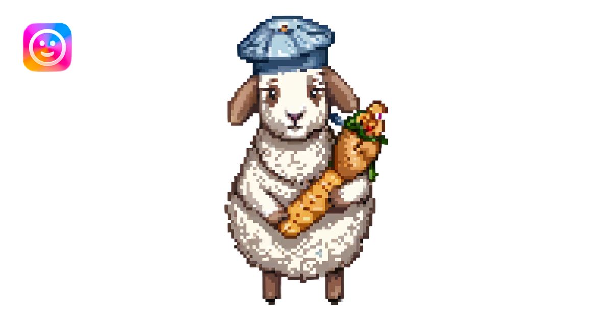 a cartoon sheep with a beret and baguette, pixel art style illustration ...