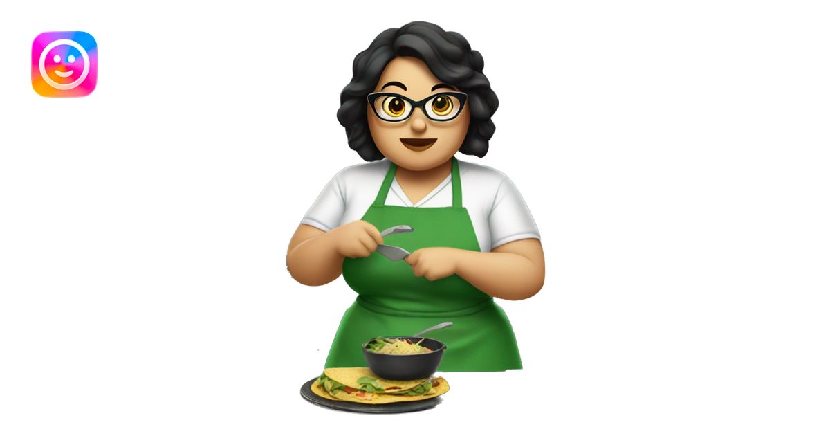 chubby lady with black hair green apron with glasses cooking tacos ...