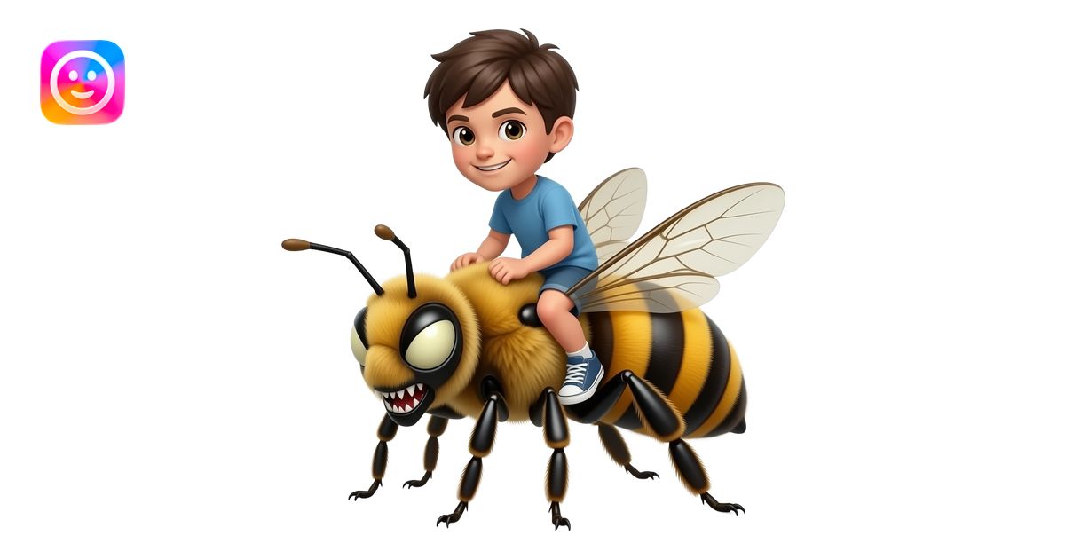 a little boy named oweb with 57 legs riding a bee WITH sharp teeth and ...