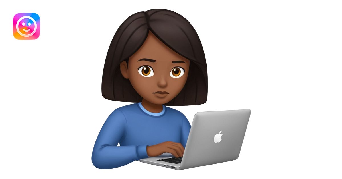 The central figure is an emoji of a person with dark hair with laptop ...