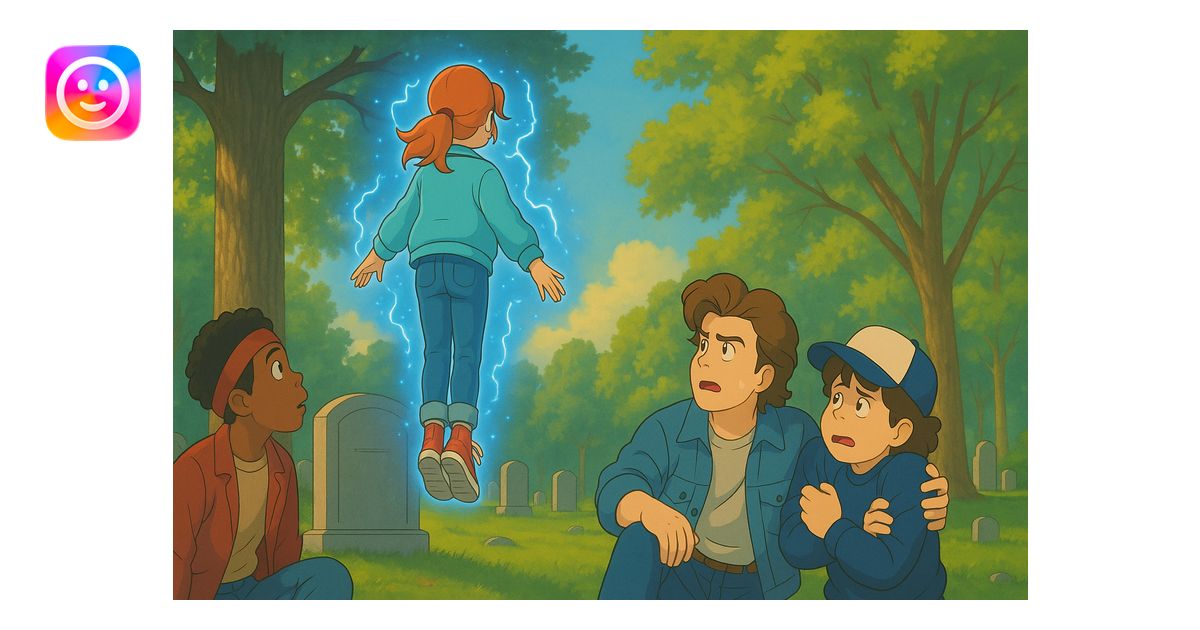 Max from Stranger Things levitating above a grave in a cemetery, seen ...