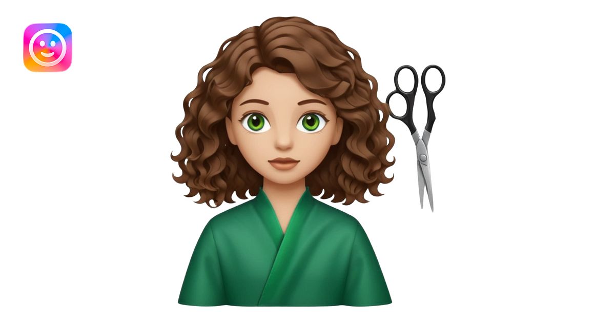 Girl with green eyes and brown wavy hair getting haircut with scissors ...