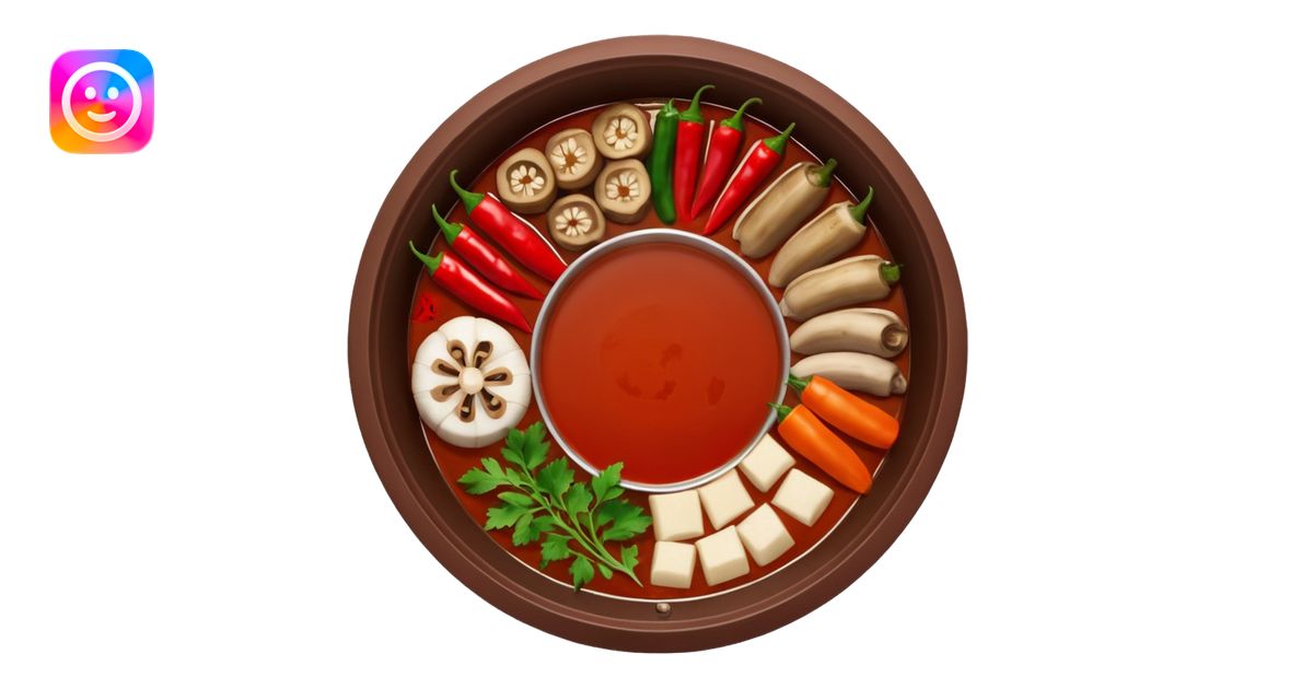 A hot pot emoji in top-down view. The pot is divided into two sections ...