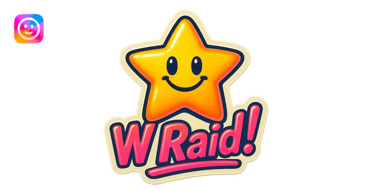Smiling add the words W Raid! in pink emoji | AI Emoji Generator