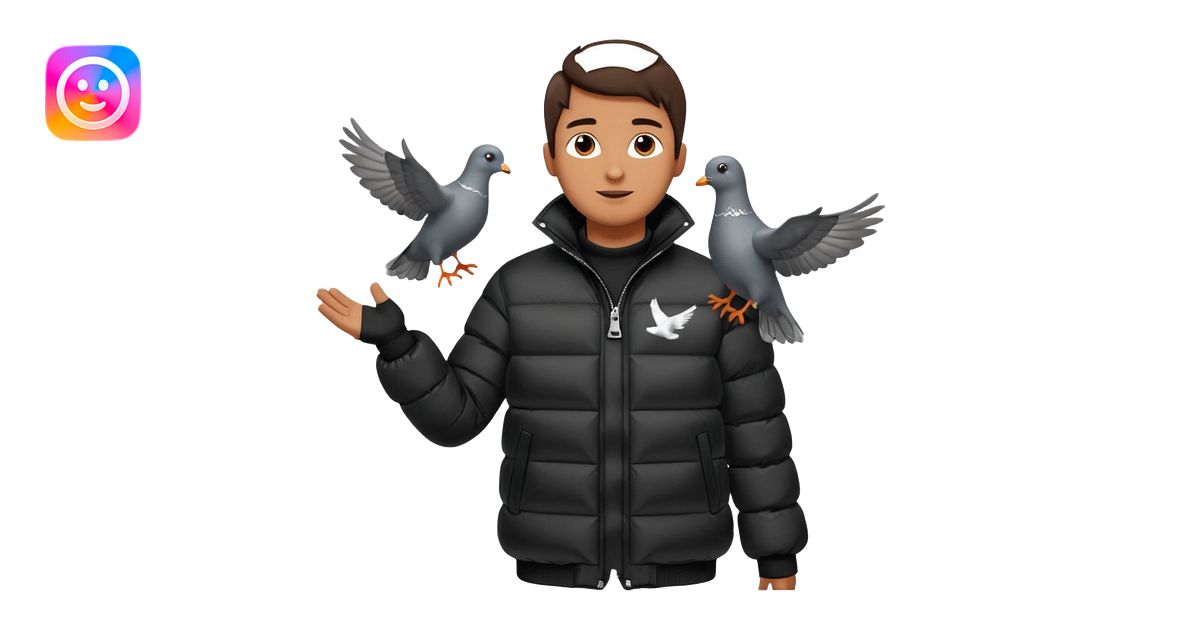 puffer shiny black jacket man open arms looking at a flying pigeon ...