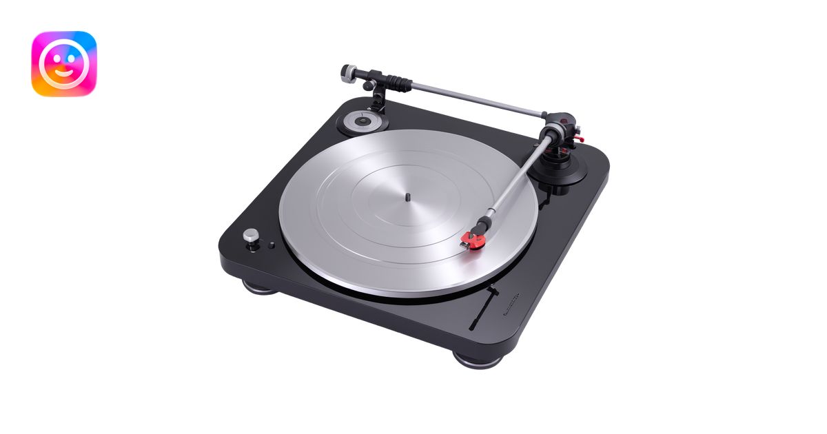 Technics turntable in 3D emoji style, rounded features, shiny silver ...