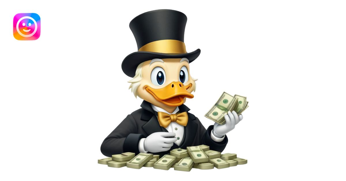 Scrooge McDuck counting money, rich duck character with top hat emoji ...