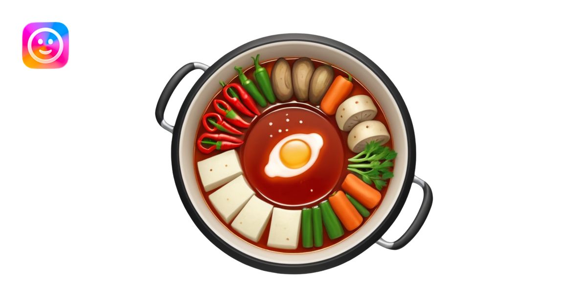 A hot pot emoji in top-down view. The pot is divided into two sections ...