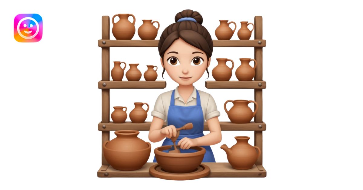 Brunette girl with bun, behind pottery wheel emoji | AI Emoji Generator