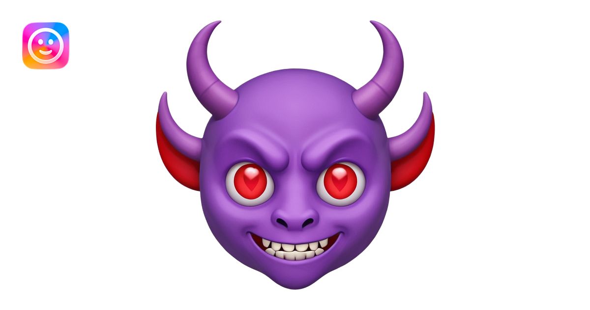 Purple demon emoji with red hearts for eyes,, circular head with horns ...