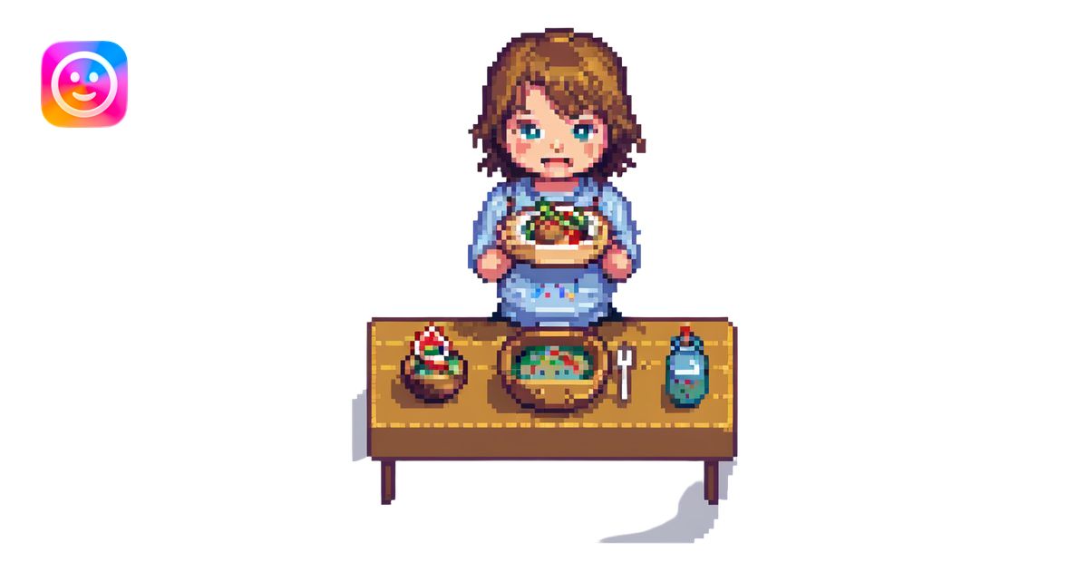kid eating, pixel art style illustration | AI Emoji Generator