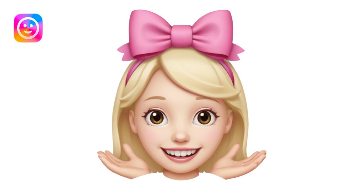 smiling emoji with a pink bow on head and hand placed on the teeth ...