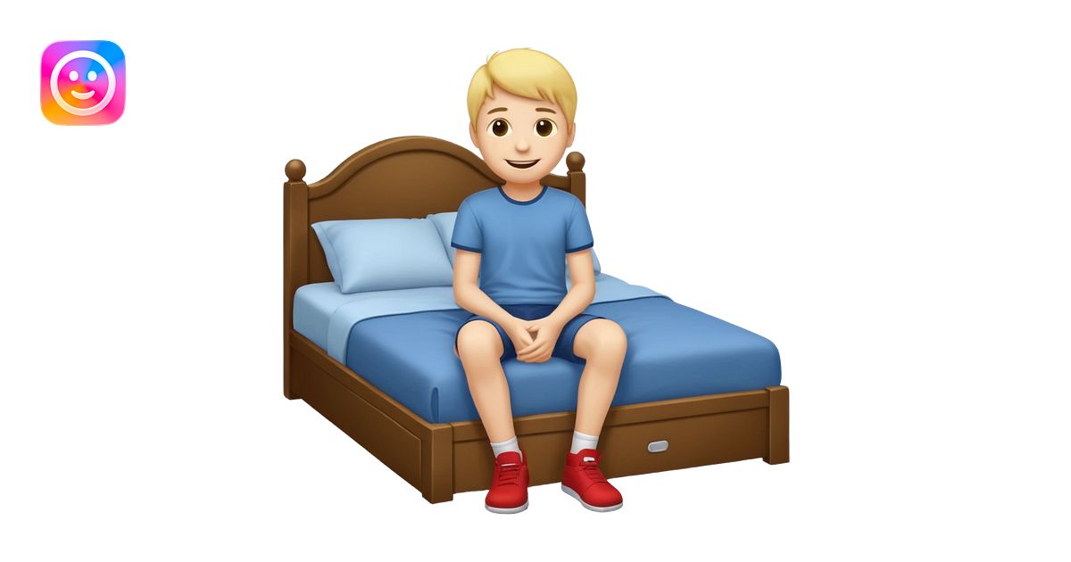 emoji- of a smiley boy sitting at the edge of the bed with legs on the ...