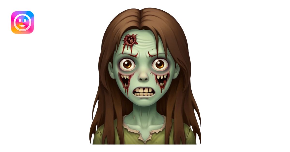 Girl zombie with brown long hair with teeth and serious face IOS style emoji | AI Emoji Generator