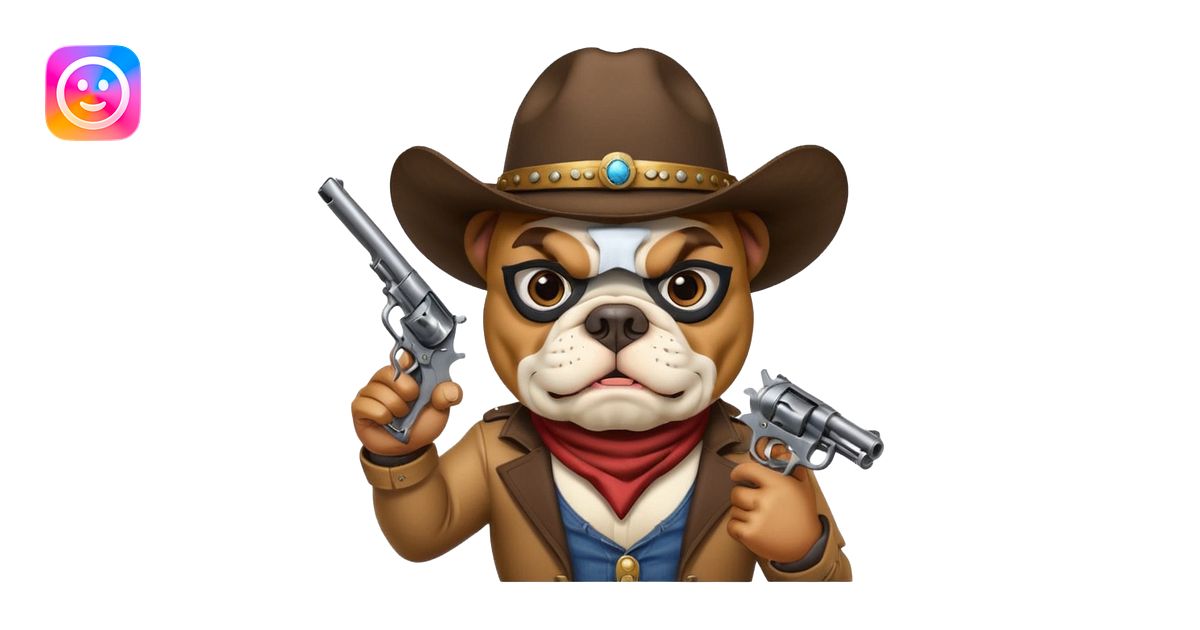 A bulldog wearing a cowboy hat, wearing a mask, pointing a revolver at ...