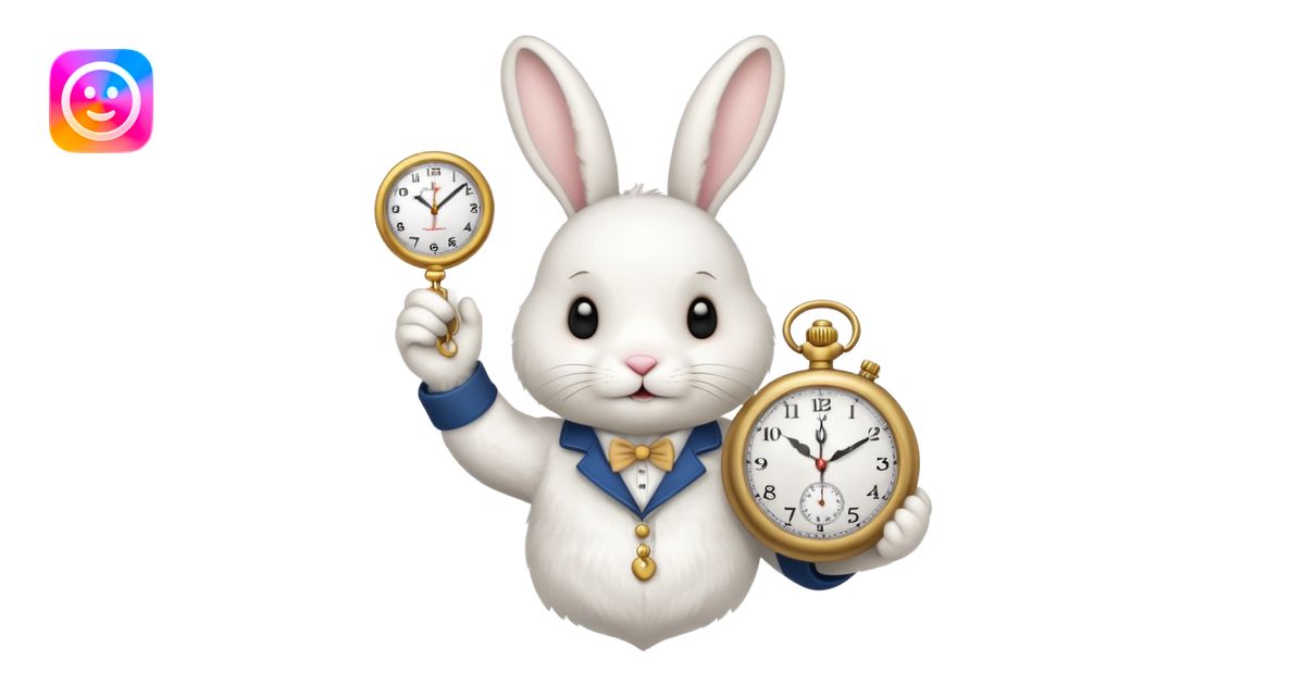 white bunny with a clock on his hand signaling the clock emoji | AI ...