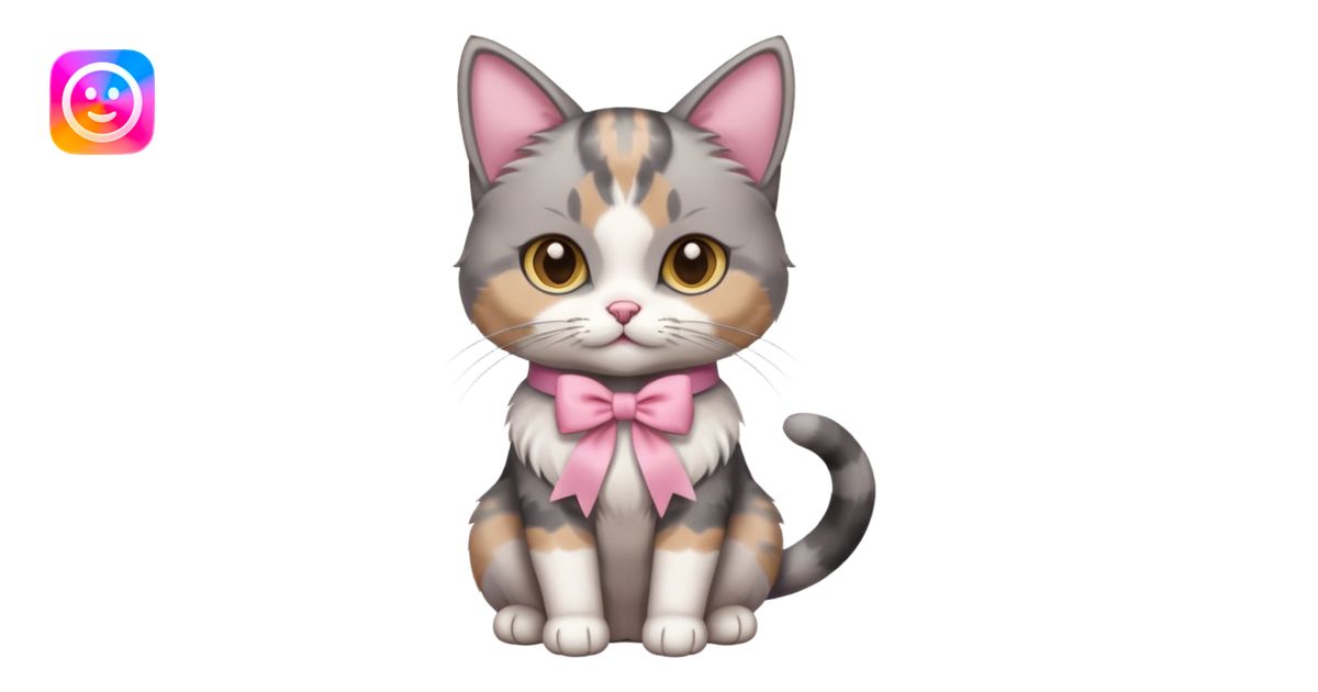 Sitting Dilute grey calico cat with pink ribbon emoji | AI Emoji Generator