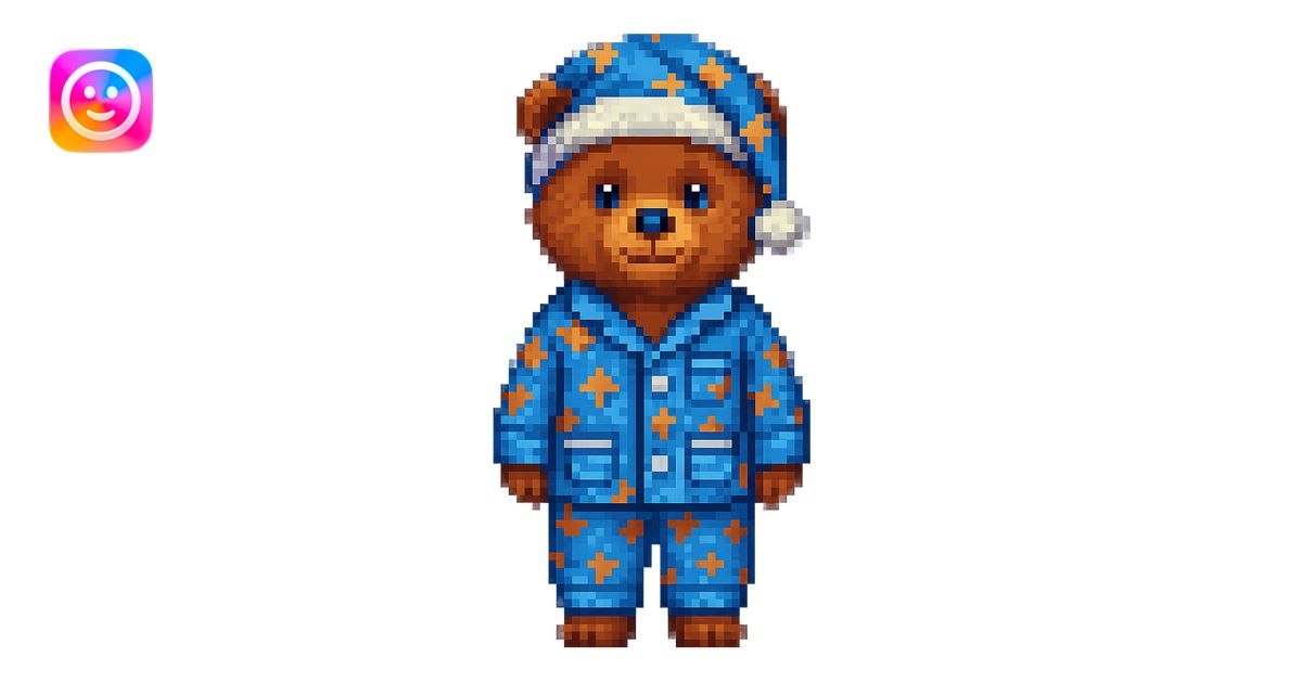 Add a nightcap to the bear in blue pajamas in pixel art style. The ...