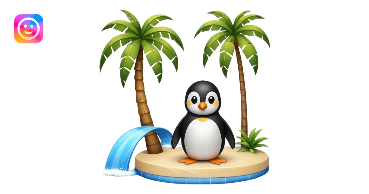 a penguin sitting by a palm tree and pool at the seaside with waves ...