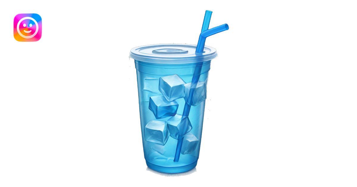 Realistic plastic cup and lid with blue soda and large ice cubes inside ...