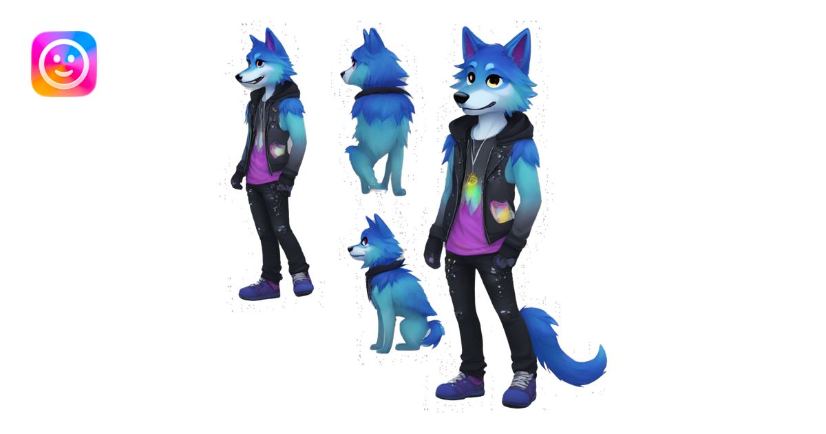 Colorful emo-Sparkle-wolf-fursona full body emoji | AI Emoji Generator